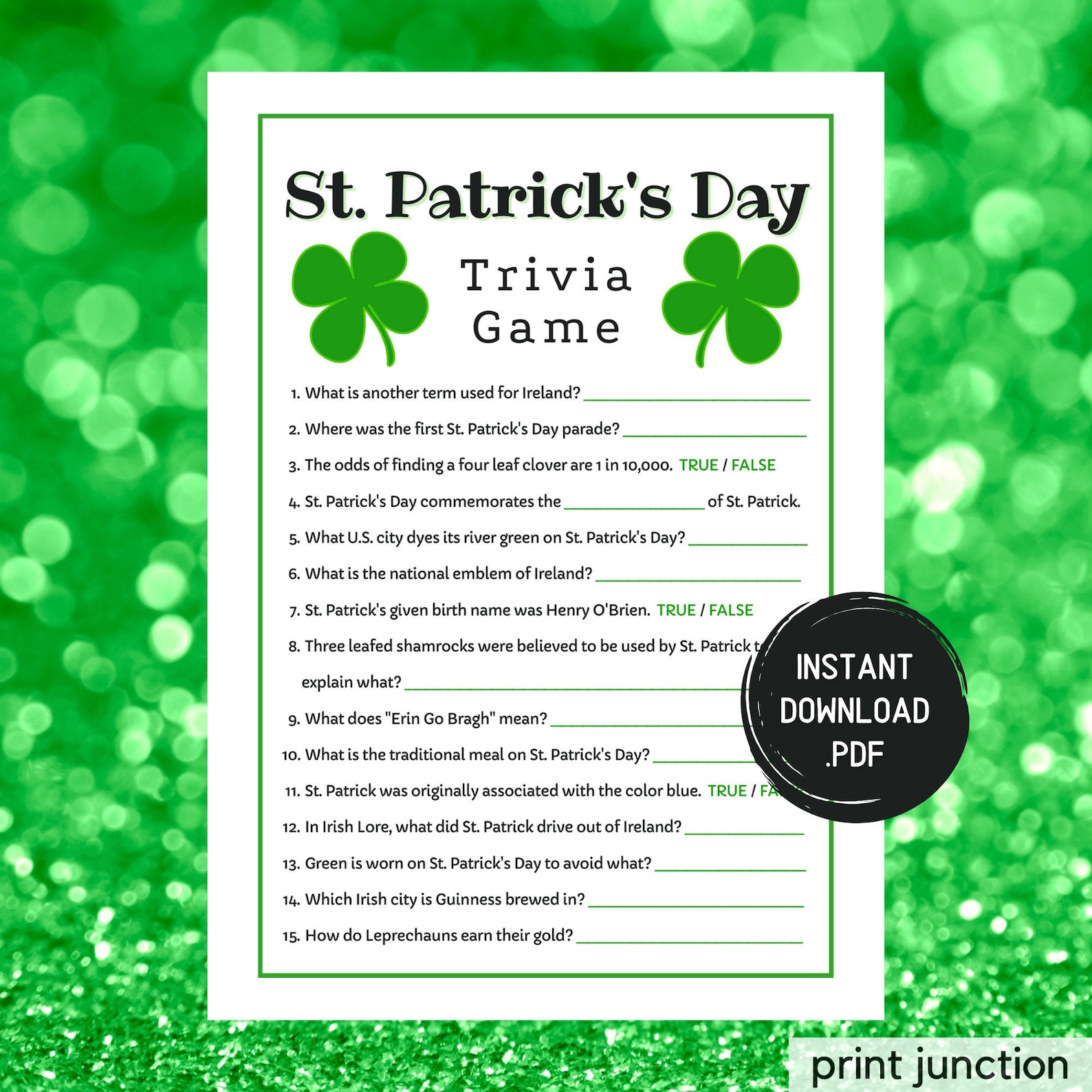 St Patricks Day Trivia Game, St Pattys Day Trivia, St Patrick's Party ...