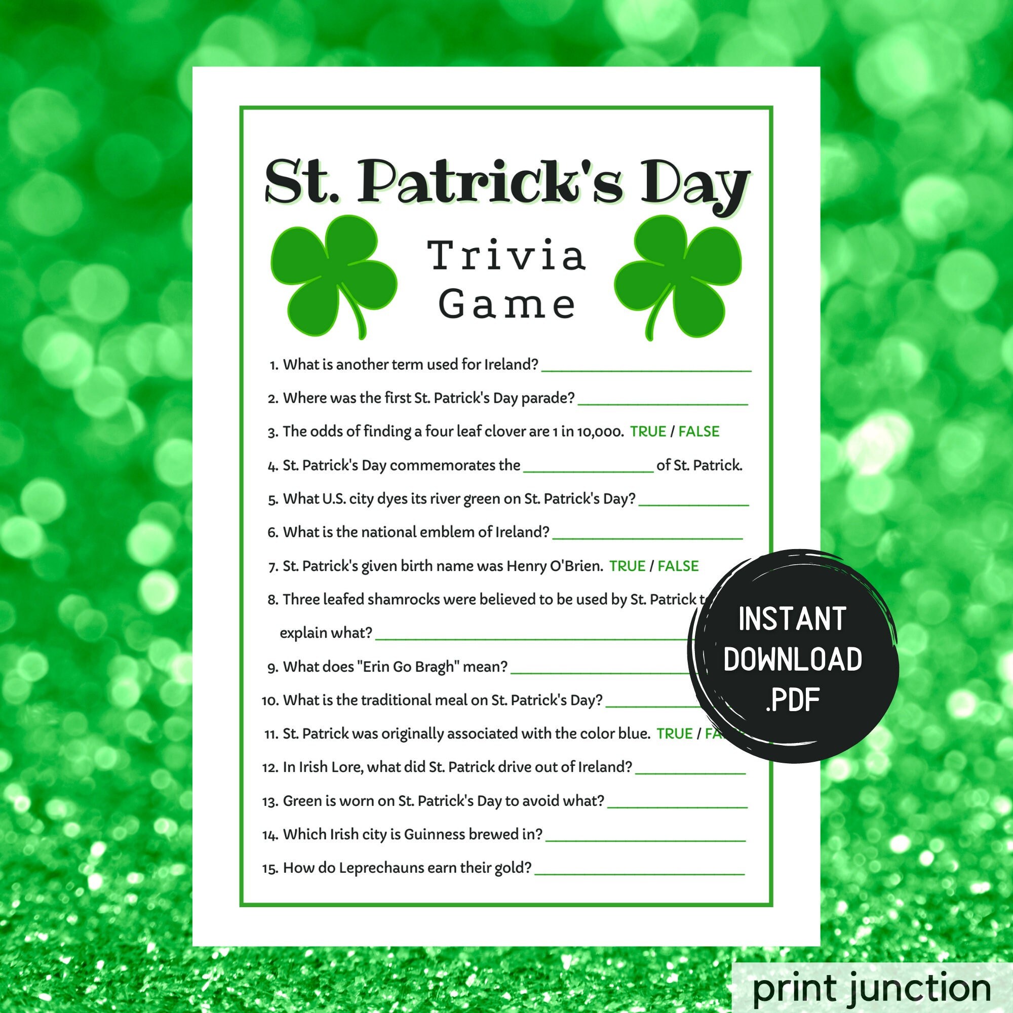 St Patricks Day Trivia Game, St Pattys Day Trivia, St Patrick's Party ...