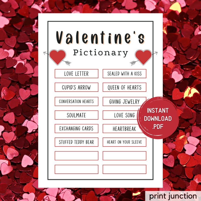 Valentines Day Pictionary Game, Fun Valentine's Day Printable Party ...