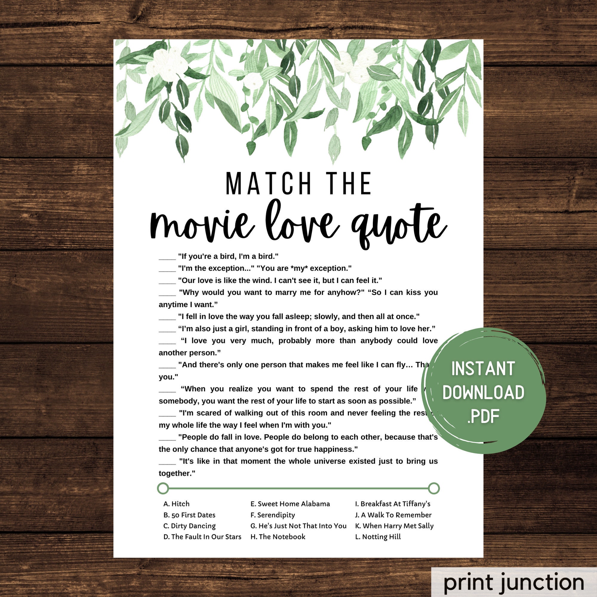 Greenery Movie Matching Game Famous Love Quote Movie Game Greenery ...