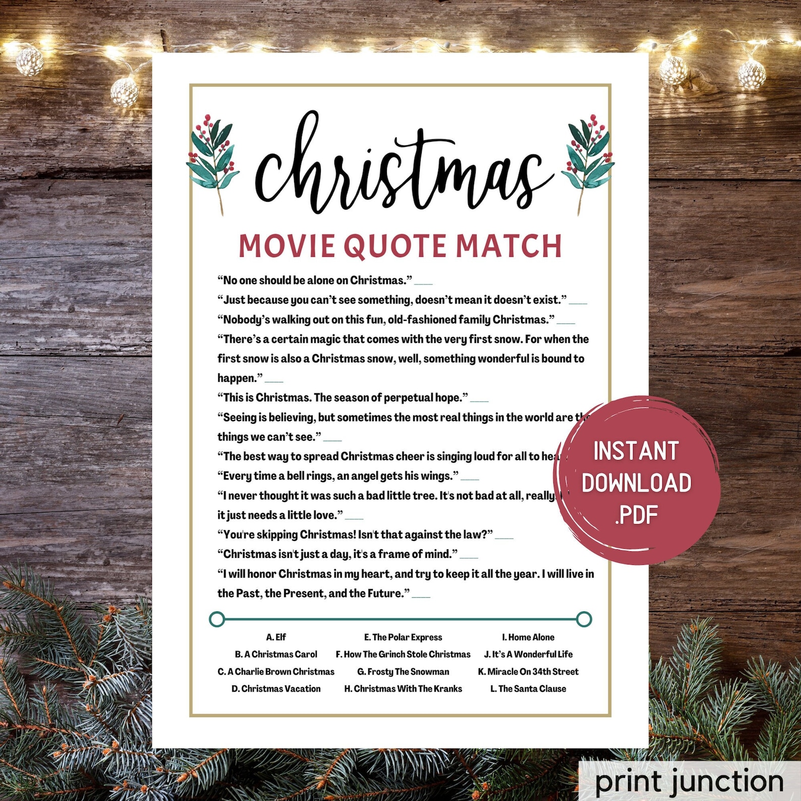 Christmas Movie Quote Match Game: Printable Trivia (instant Download ...