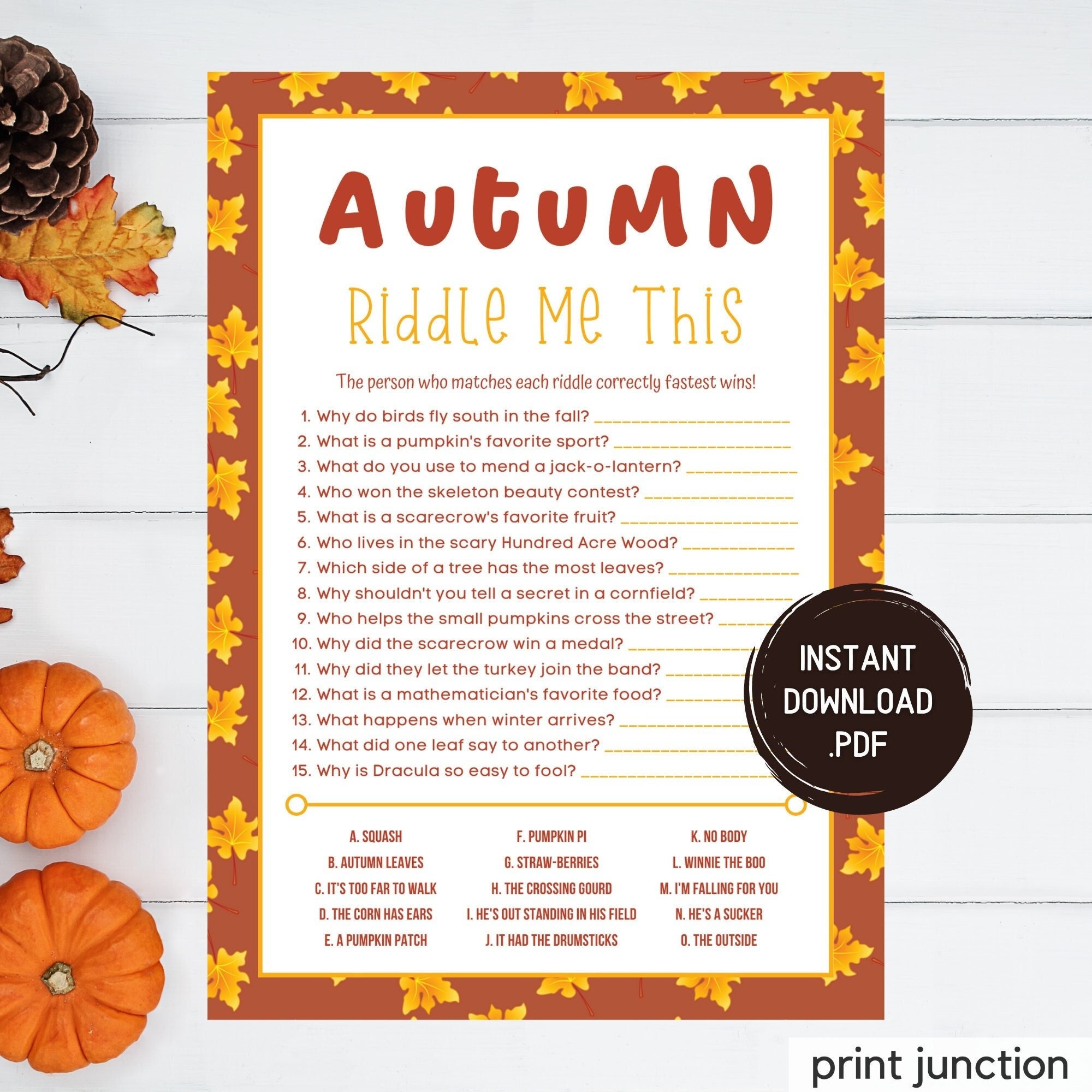 Fall Riddles Game, Printable Autumn Games, Thanksgiving Game, Fall Time ...