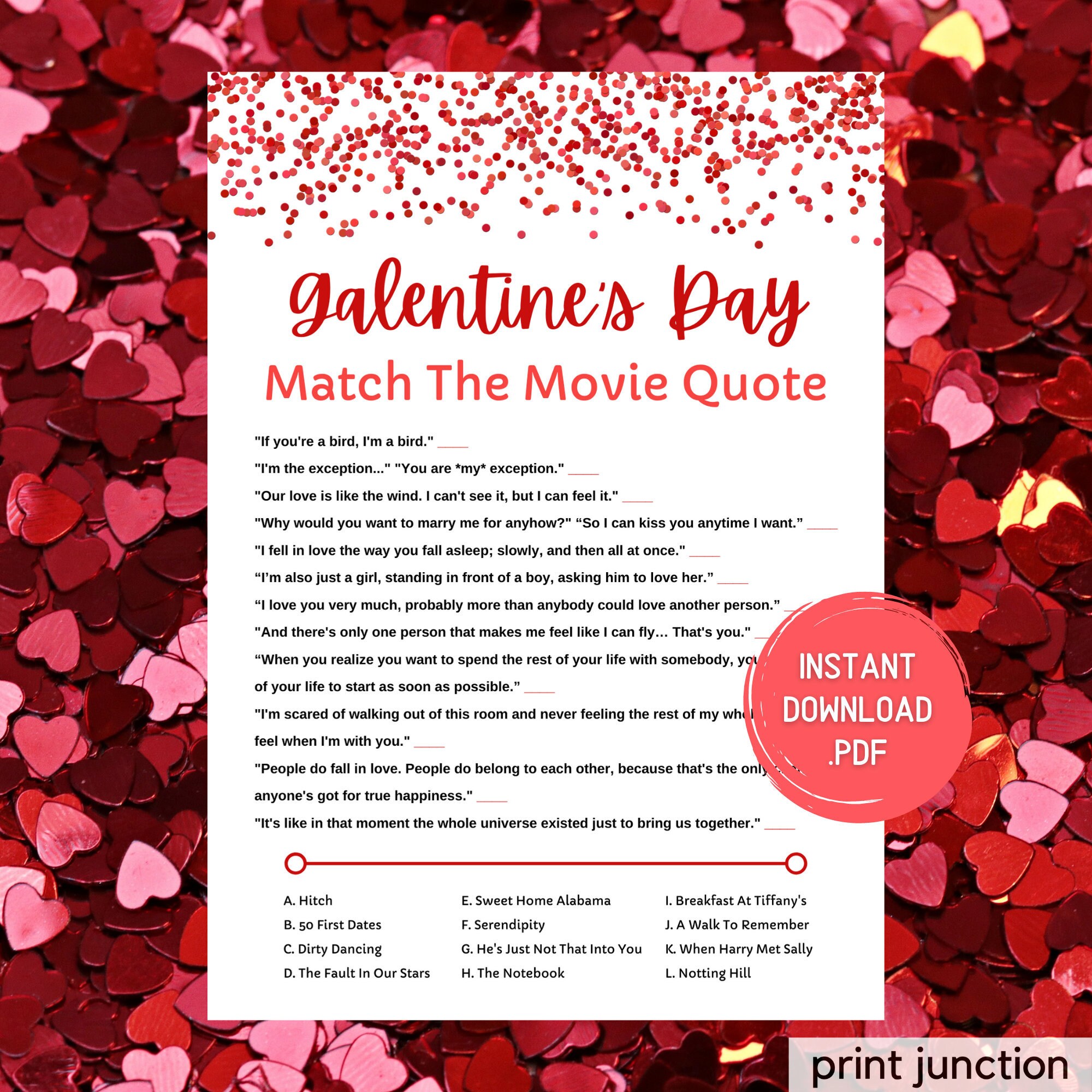 Galentine's Day Games, Match the Movie Quote Game, Valentine's Party ...