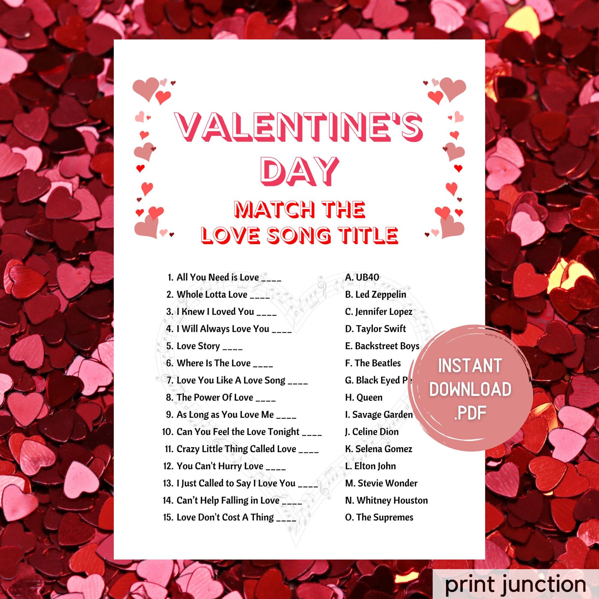 Love Song Match Valentines Day Game, Galentines Day Games, Match the ...
