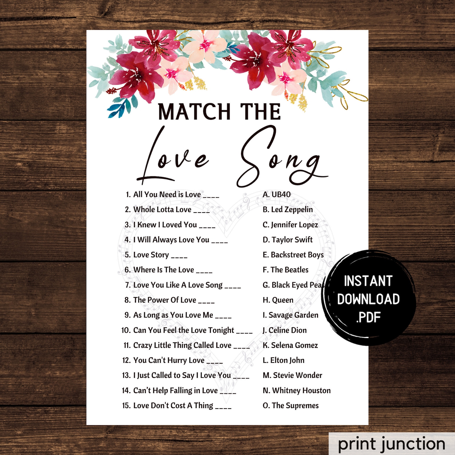 Match the Love Song Bridal Shower Game, Virtual Bridal Shower Games ...