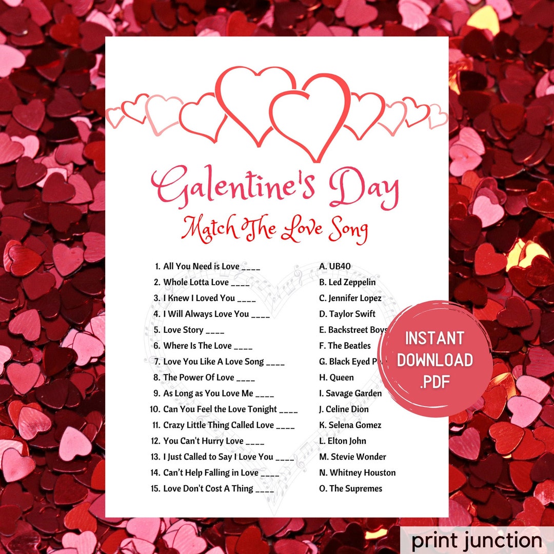 Valentine's Day Games - Valentine Party Printable - Match the Love Song ...
