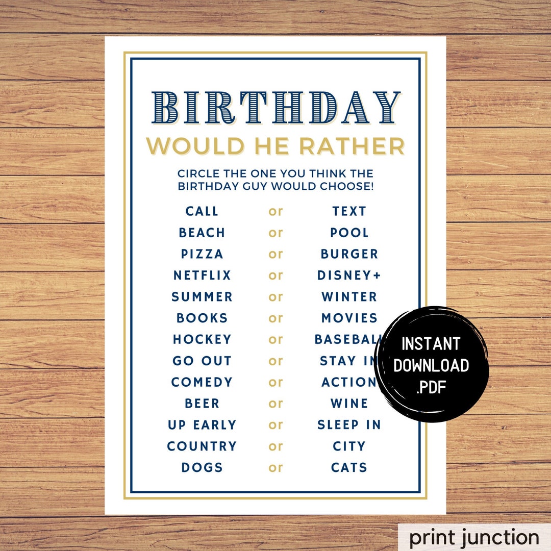 Birthday Games for Him, Would He Rather, Adult Men Birthday Party Games ...
