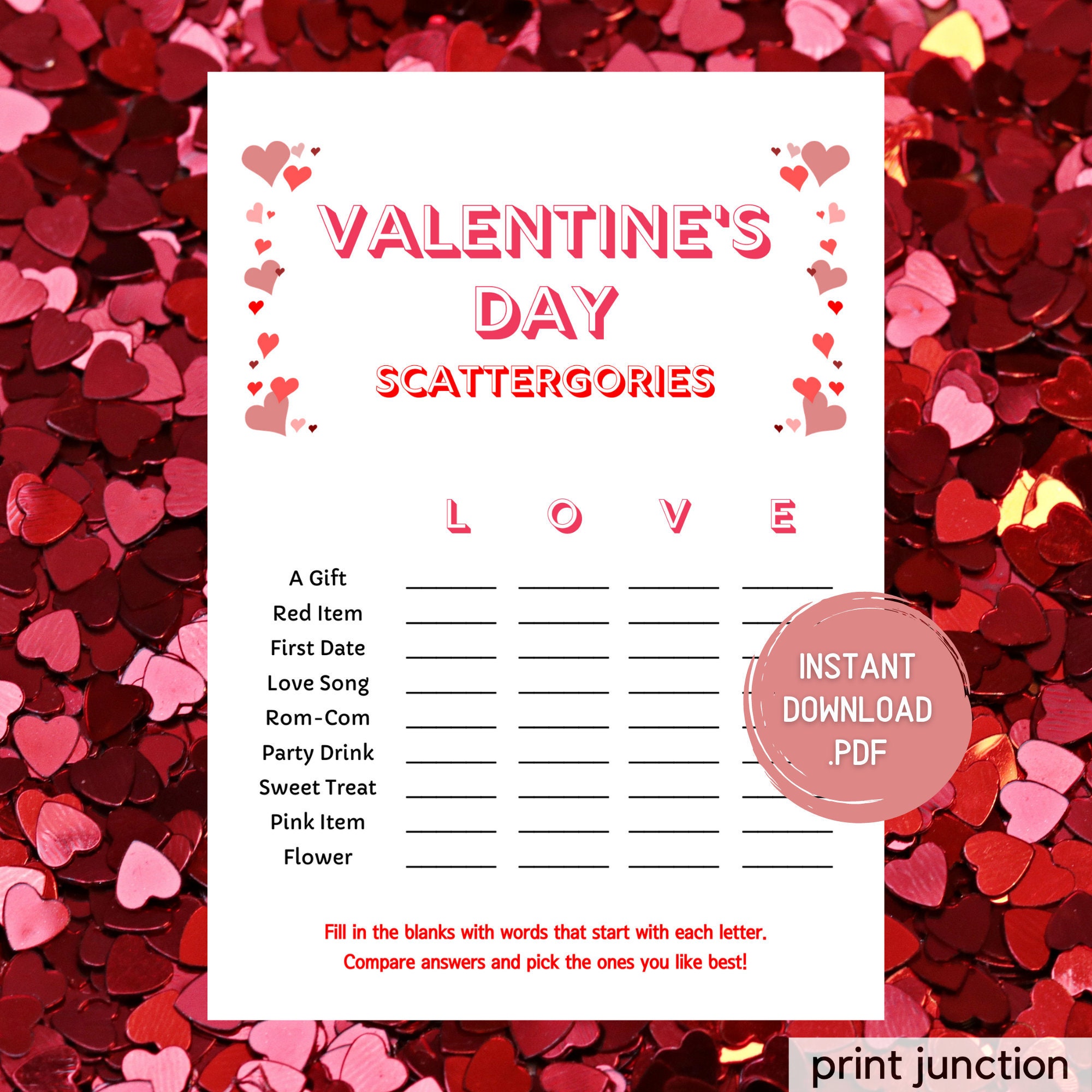 Valentines Day Scattergories, Galentines Party Printable, Valentines ...