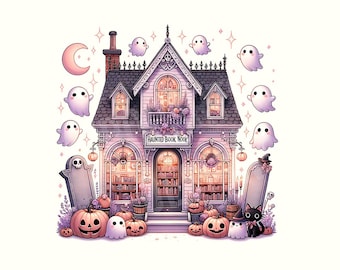 Haunted Fall Bookstore PNG, Trendy Cute Halloween Spooky Ghosts Cozy ...