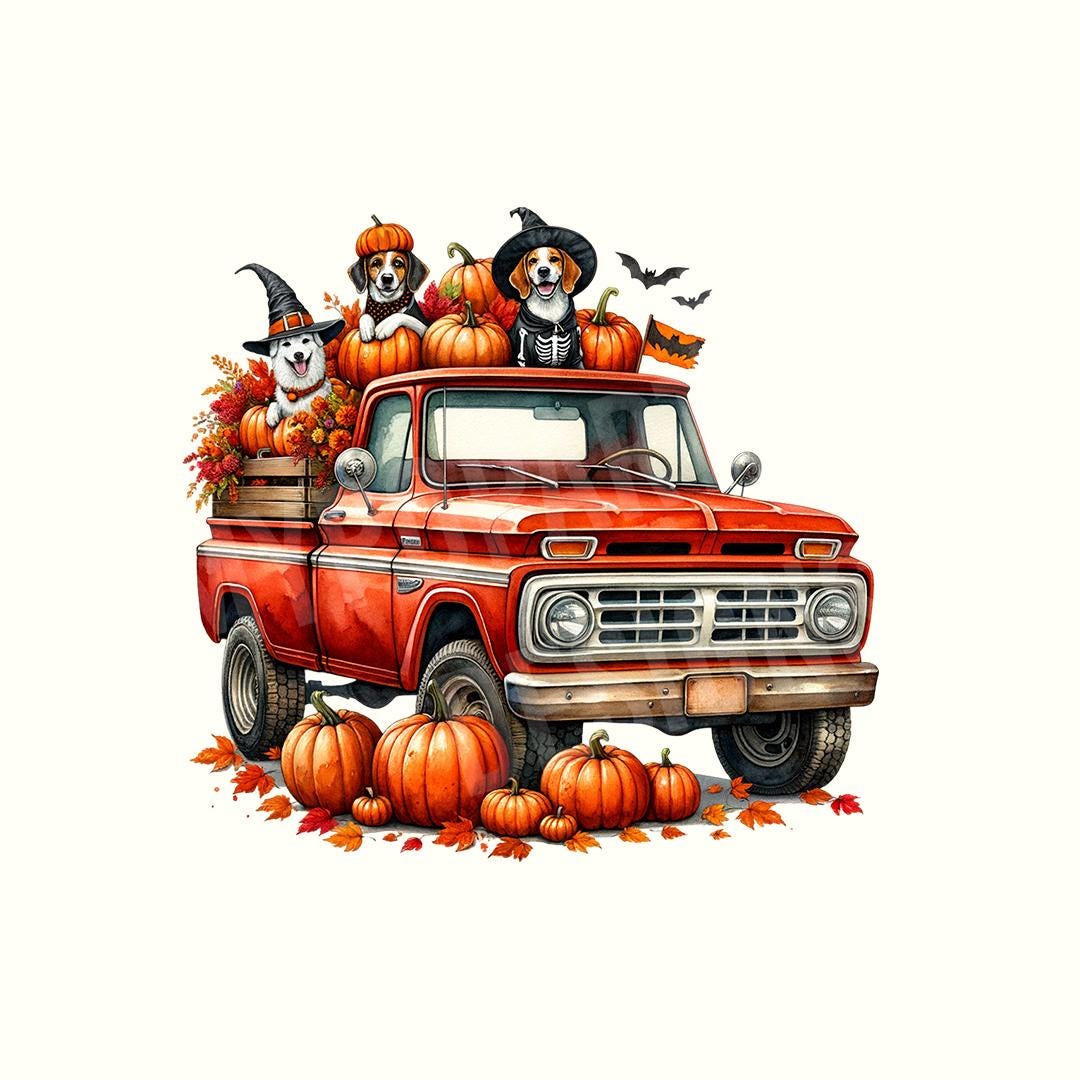 Little Red Truck Fall Png, Halloween Truck Dog PNG for Sublimation ...