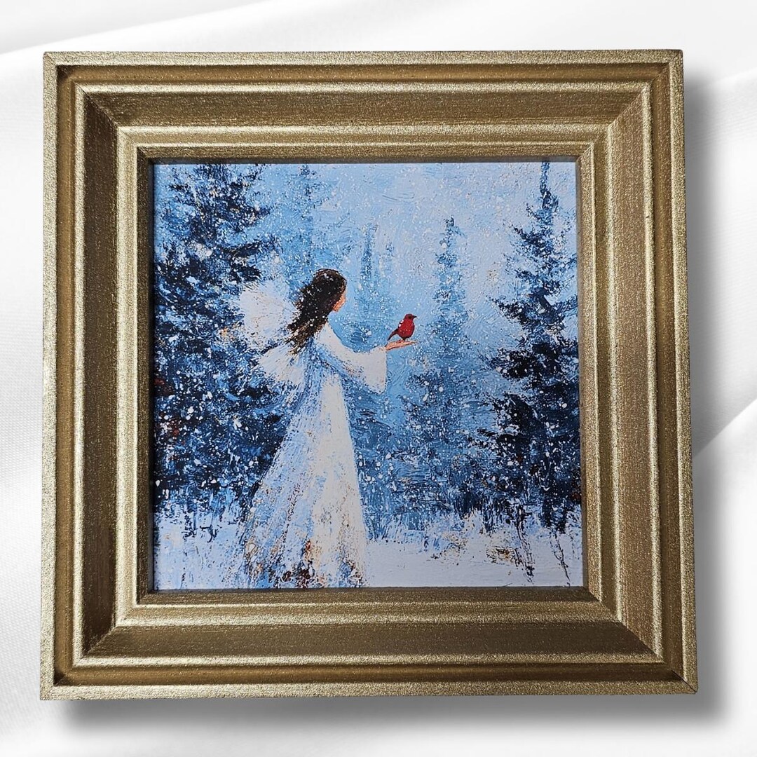 Angel Holding Red Cardinal Art Print, Framed Wall Art, Christmas Decor ...