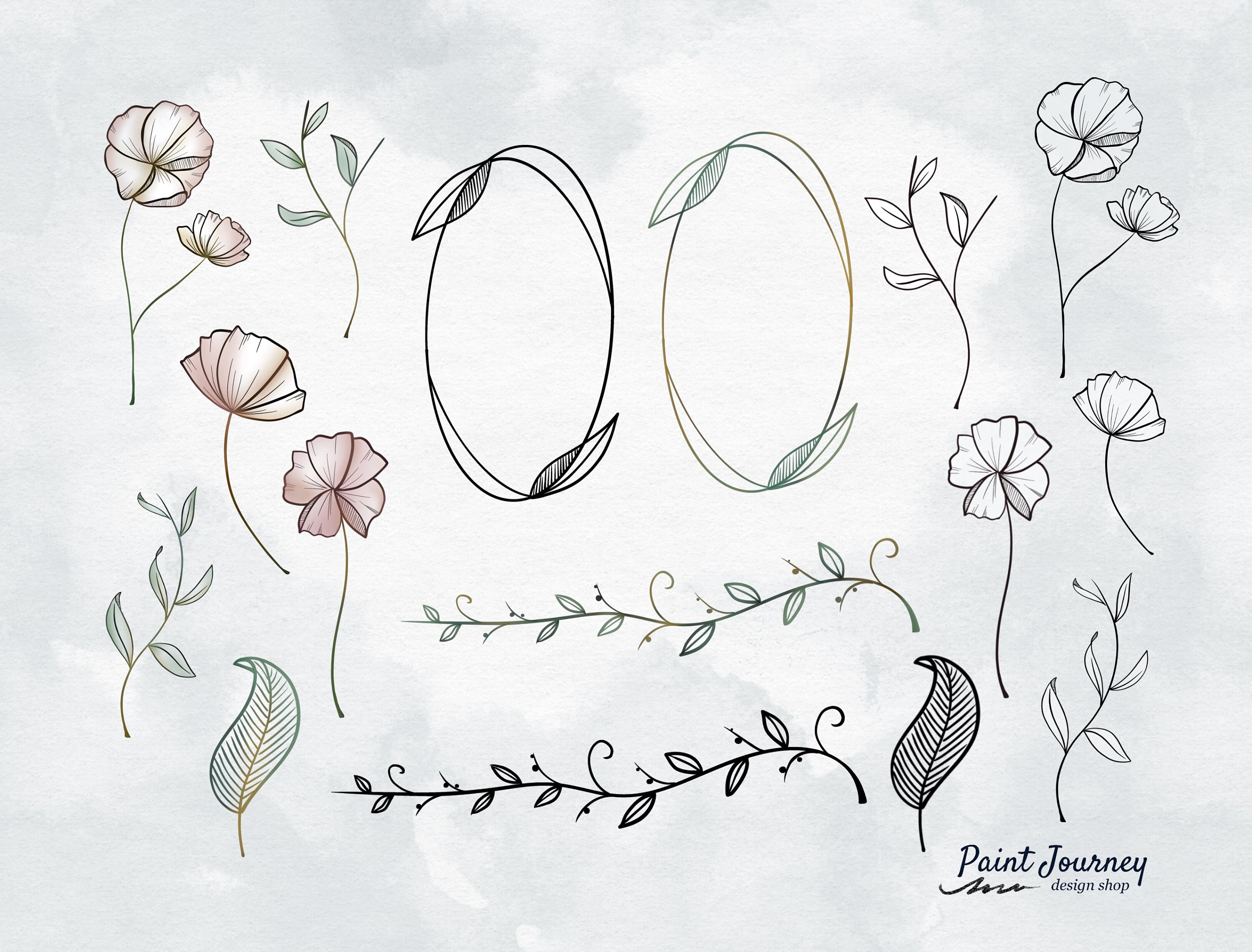 Botanical Illustration, Linework Clipart, Foliage, Modern Ink Leaves ...