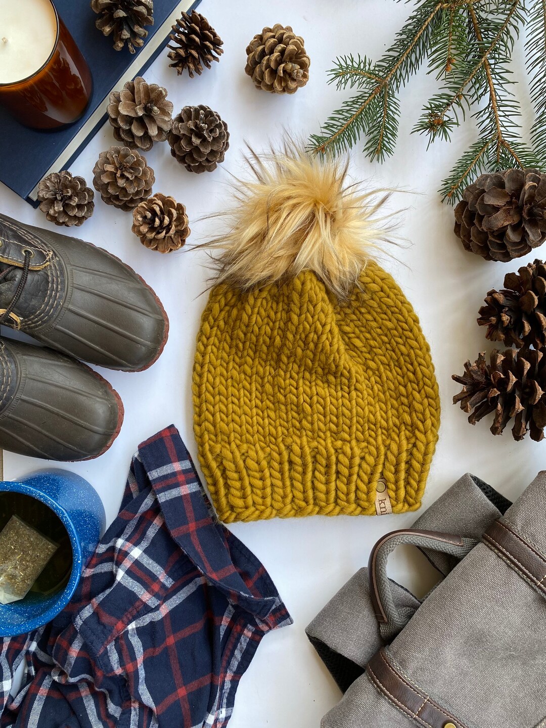 Women's Yellow Wool Hat | Hand Knit Yellow Beanie | Yellow Pom Pom ...