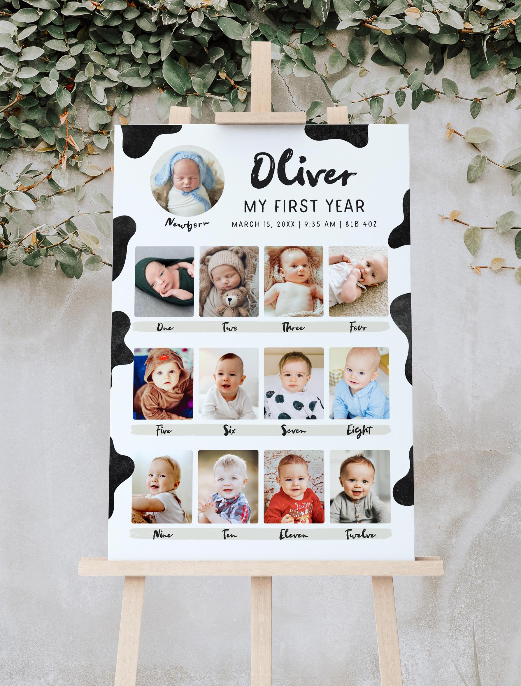 Cow First Birthday Photo Milestone Sign, Editable Cow First Year Baby ...