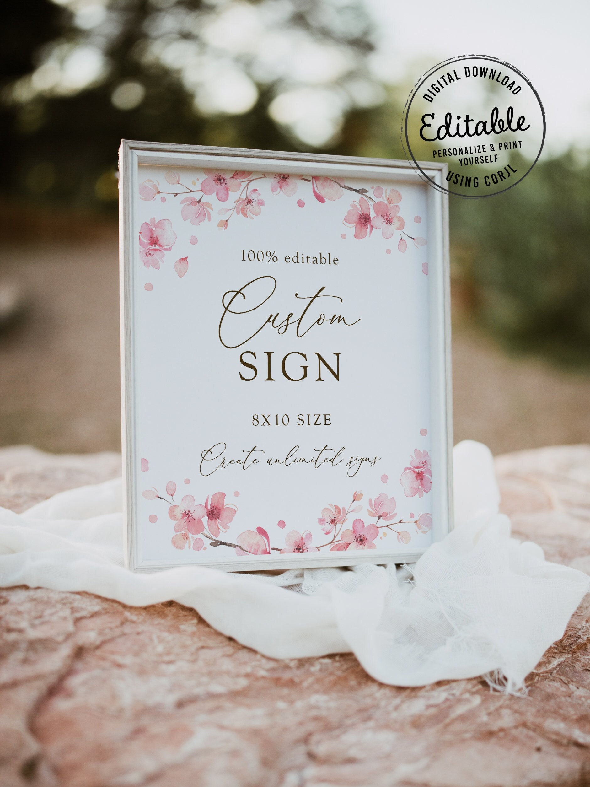 Editable Cherry Blossom Custom Sign, Japanese Sakura Pink Floral Table ...