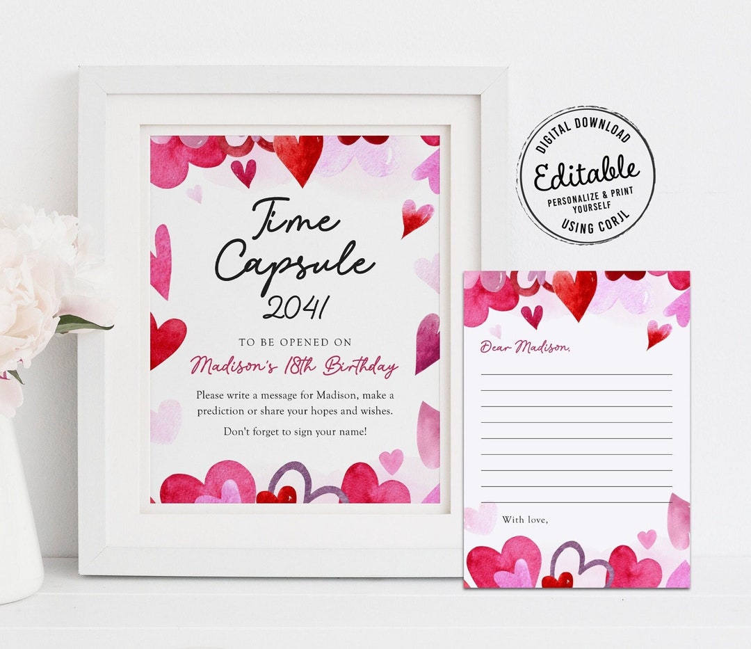 Valentine Birthday Time Capsule Sign and Message Card, Editable ...