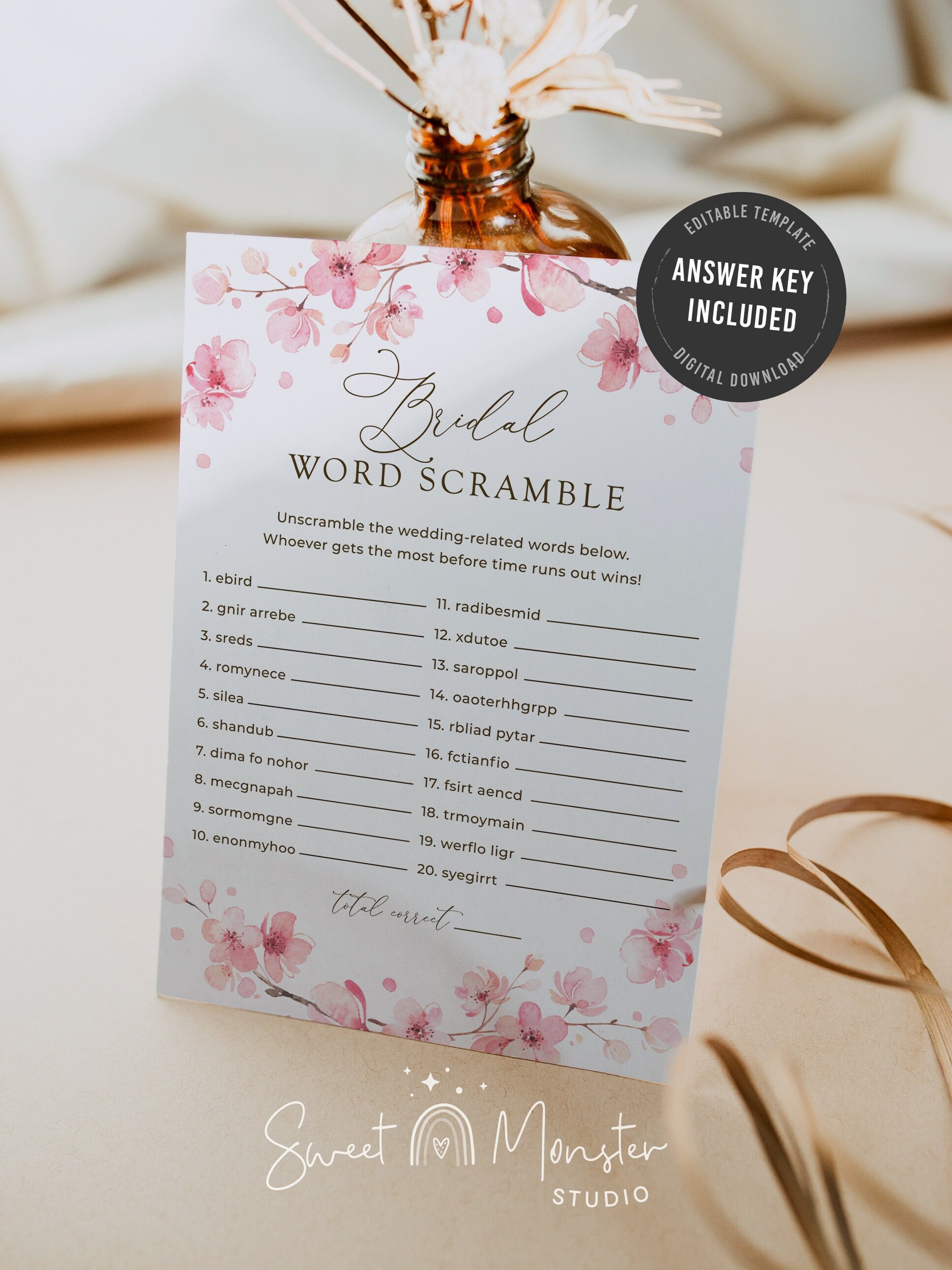 Cherry Blossom Word Scramble Bridal Shower Game With Answer Key ...