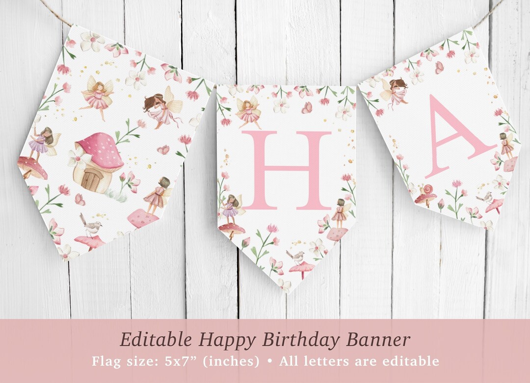 Editable Fairy Birthday Bunting Banner, Happy Birthday Pink Fairy ...