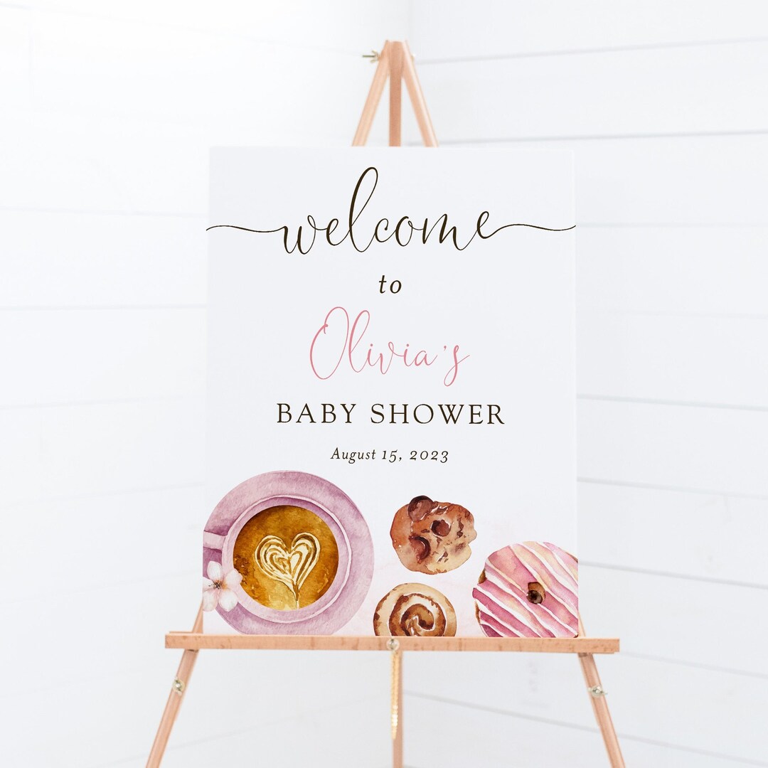 Editable Coffee and Donut Welcome Sign, Something Sweet is Brewing Pink ...