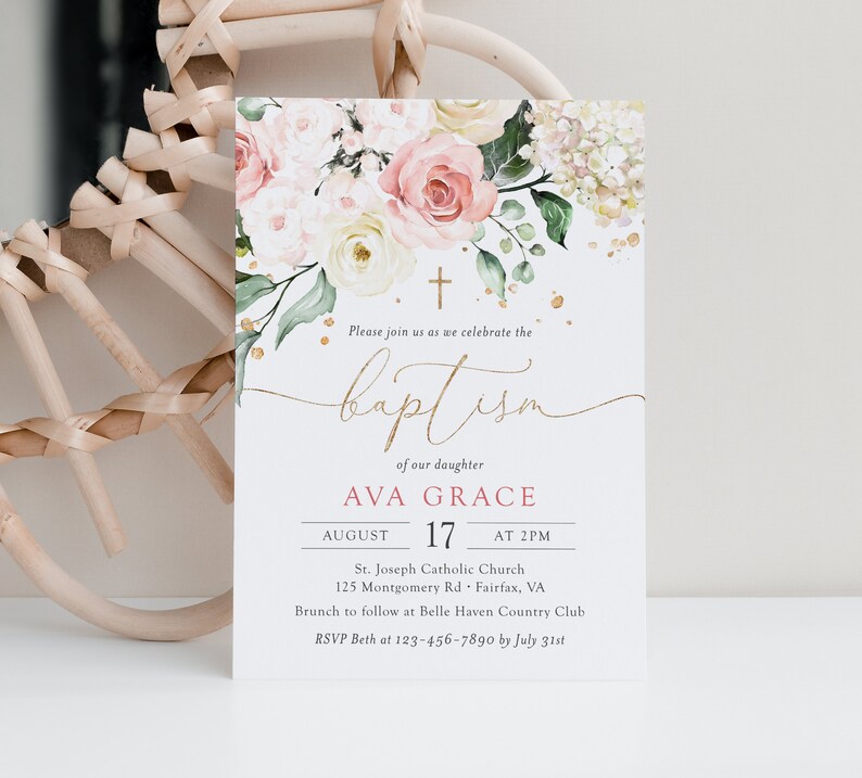 Blush Florals Baptism Welcome Sign Template, Editable Pink Gold Floral ...