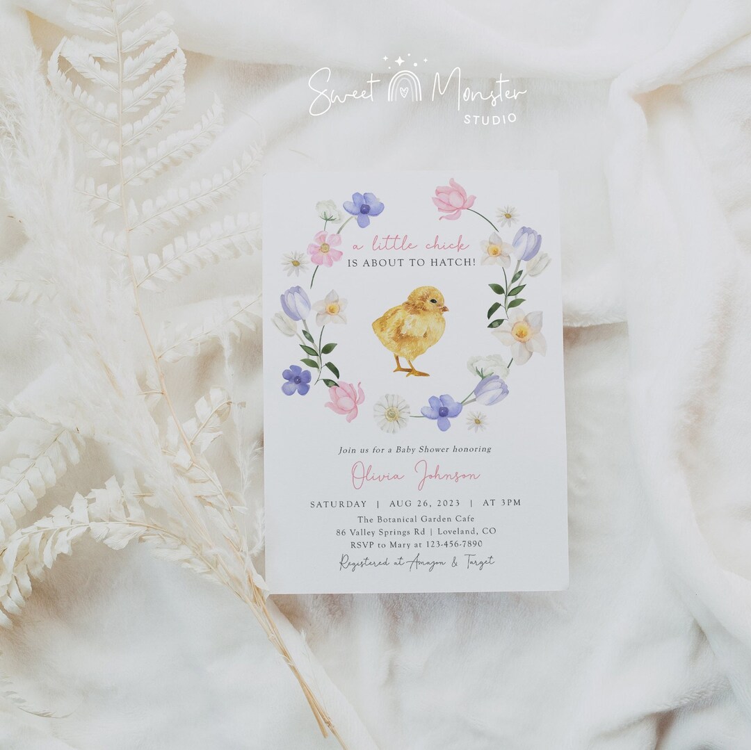 Chick Baby Shower Invitation, Pastel Floral Wreath, Editable Template ...