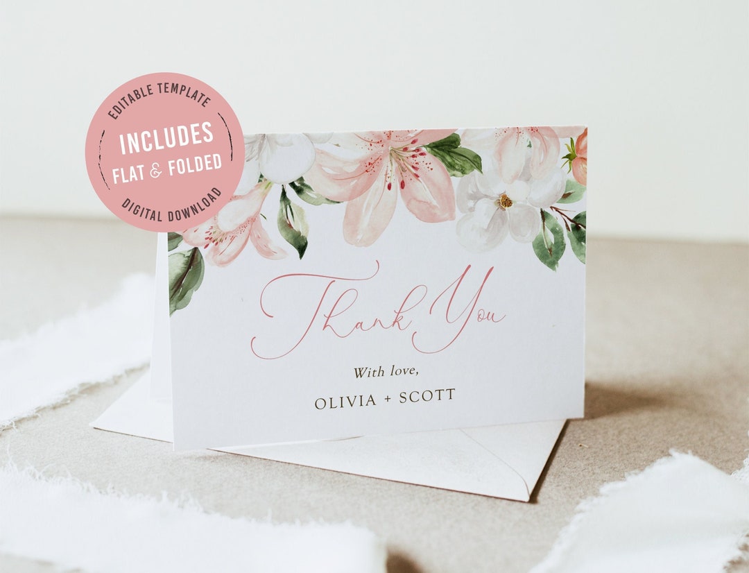Lilies and Roses Thank You Card Template, Editable Pink and White ...