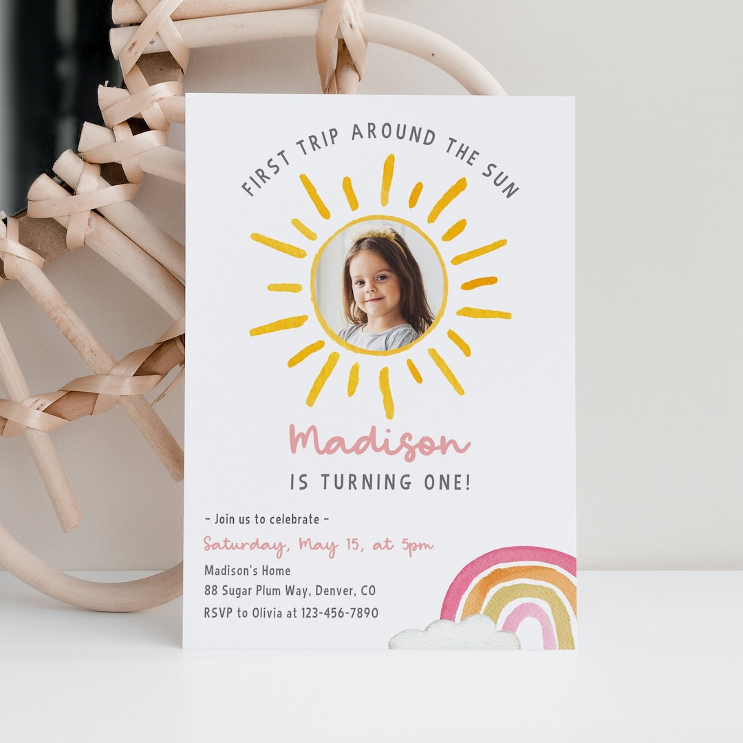 First Trip Around the Sun Birthday Photo Invite, Editable Sunshine 1st ...