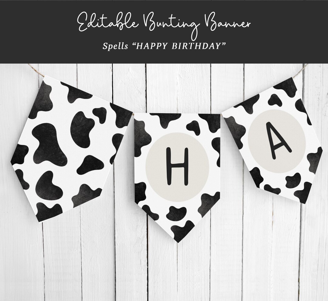 Cow Birthday Banner, Editable Holy Cow Happy Birthday Bunting Banner ...