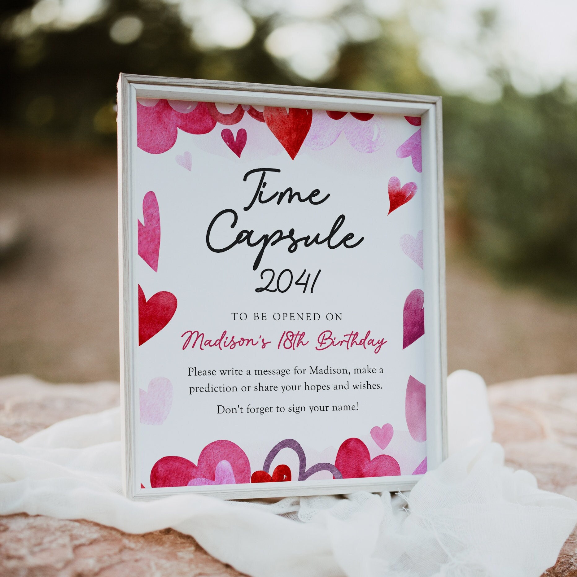 Valentine Birthday Time Capsule Sign and Message Card, Editable ...