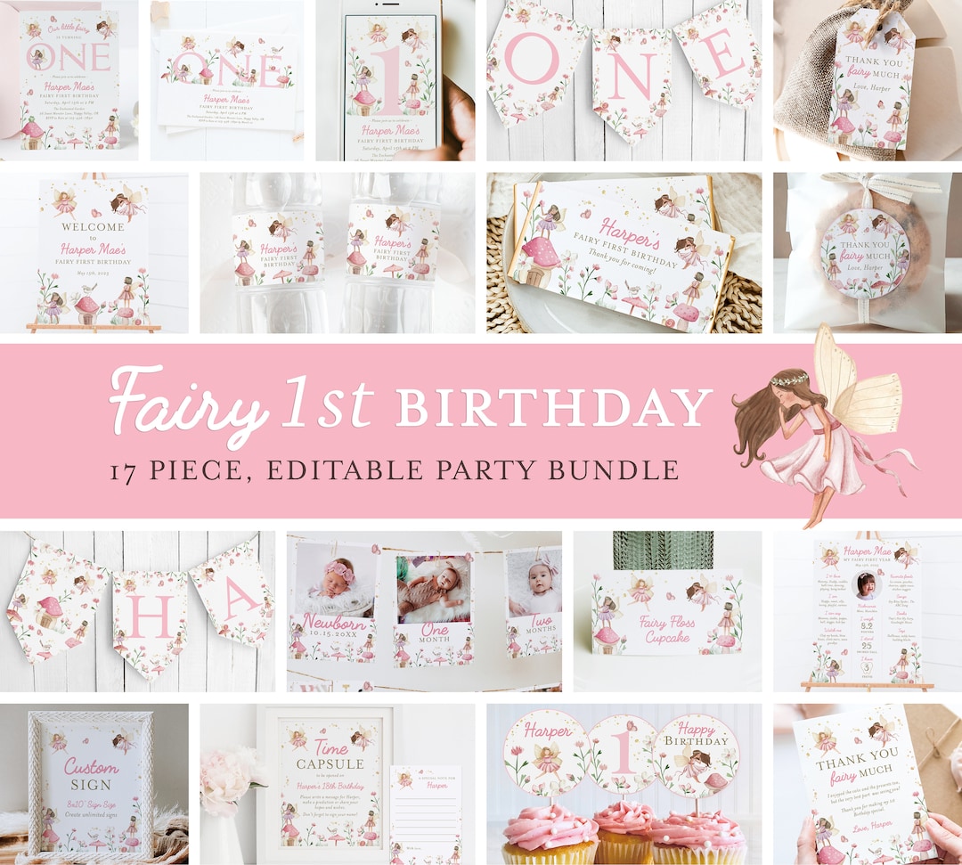 Fairy 1st Birthday Bundle, Editable Magical Girl Fairy Party Suite ...