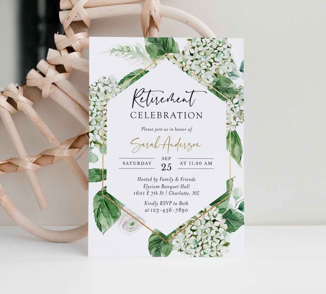 Hydrangea Floral Greenery Retirement Party Invitation, Editable White ...