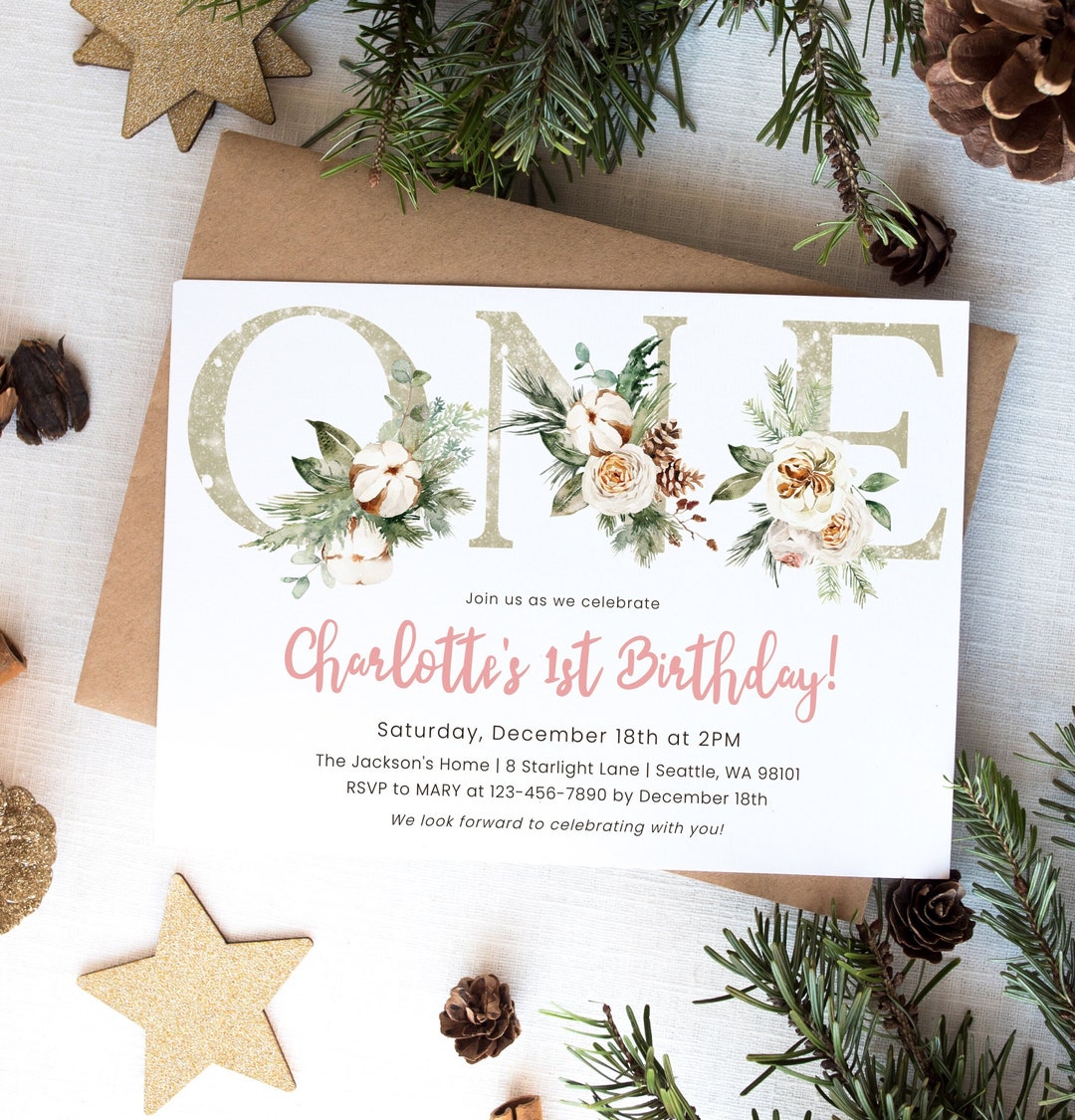 Christmas First Birthday Invitation, Editable Winter Holiday Girl 1st ...