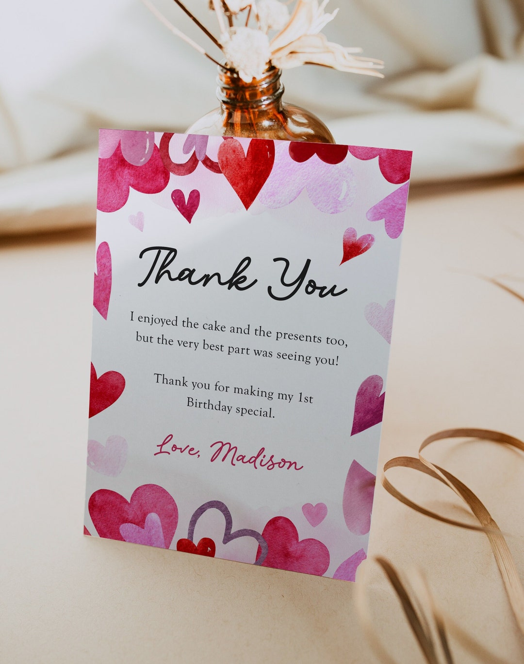 Valentine Birthday Thank You Card, Editable Little Sweetheart Thank You ...