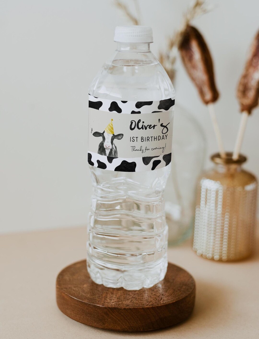 Cow Water Bottle Labels, Editable Neutral Holy Cow I'm One Bottle Wraps ...