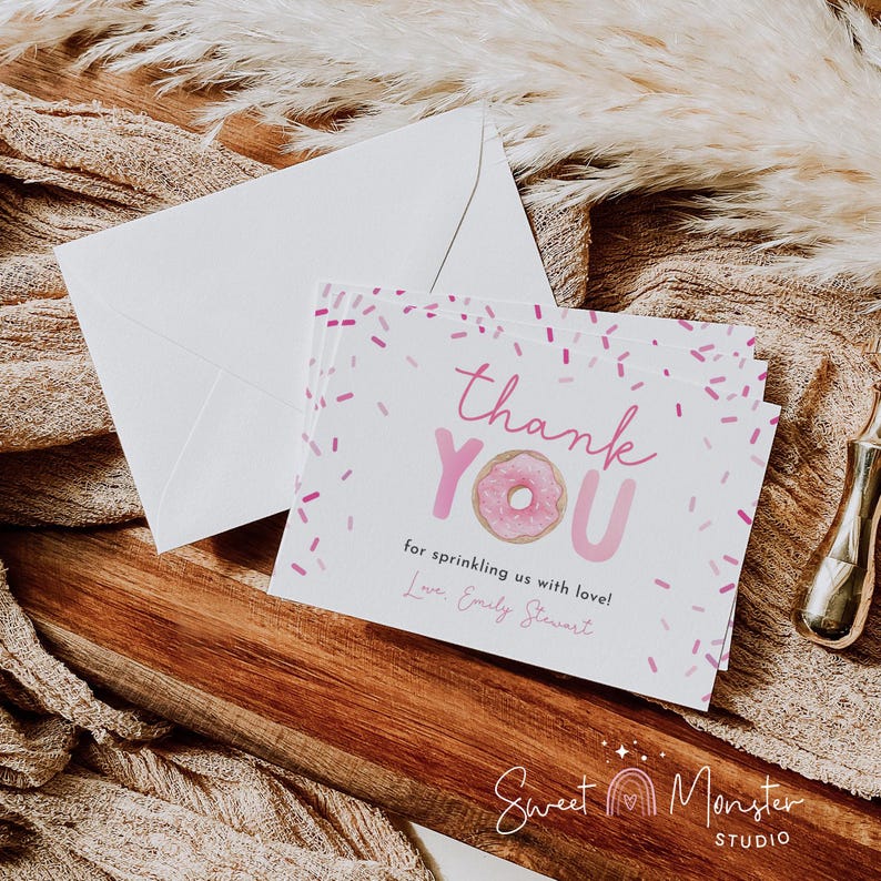 Editable Sprinkle Thank You Card, Girl Pink Donut Sprinkles Baby Shower ...
