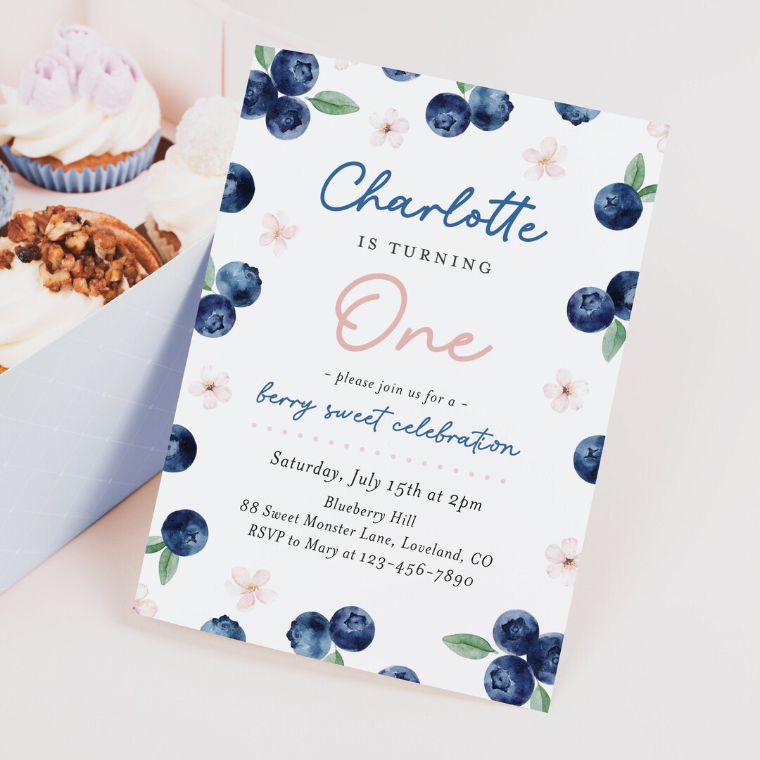 Blueberry Birthday Invitation, Berry Sweet, Editable Template (corjl ...