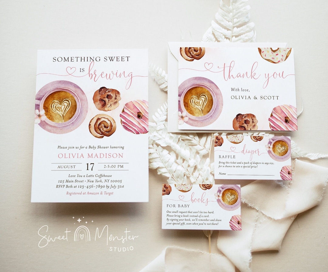 Something Sweet is Brewing Baby Shower Invitation Bundle, Editable Pink ...