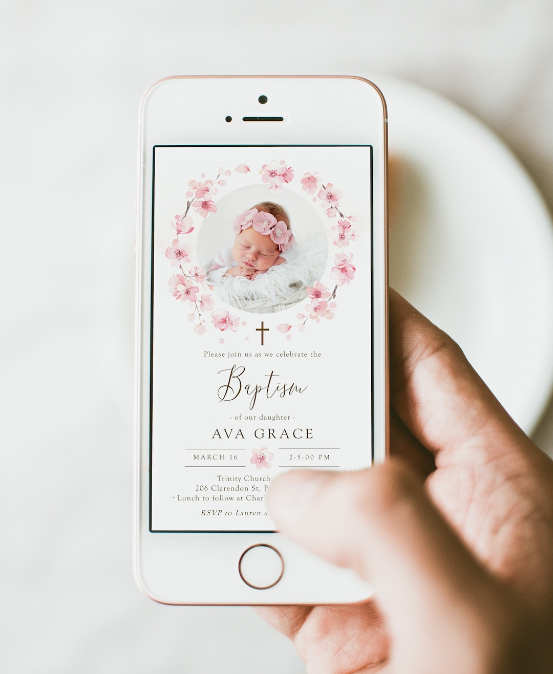 Digital Baptism Photo Invite Template, Editable Electronic Spring ...