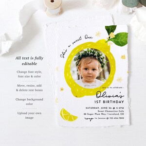Lemon First Birthday Invitation, Editable Girl Lemonade Sunshine Pic ...