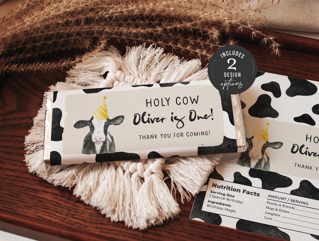 Cow Chocolate Bar Wrapper, Editable Holy Cow First Birthday Candy Bar ...
