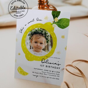 Lemon First Birthday Invitation, Editable Girl Lemonade Sunshine Pic ...