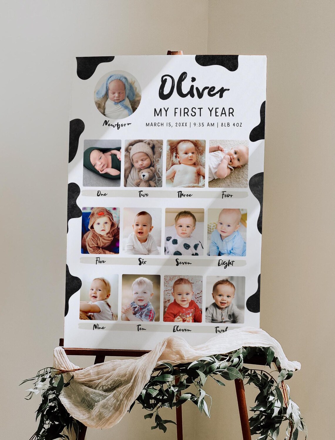 Cow First Birthday Photo Milestone Sign, Editable Cow First Year Baby ...