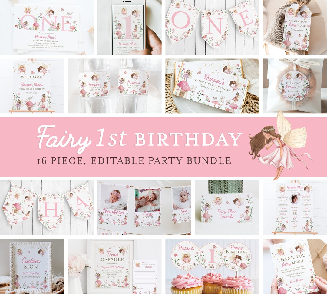 Fairy 1st Birthday Bundle Editable Magical Girl Fairy Party - Etsy