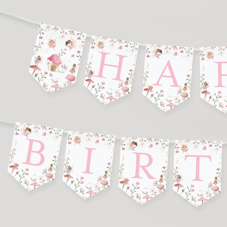 Editable Fairy Birthday Bunting Banner, Happy Birthday Pink Fairy ...