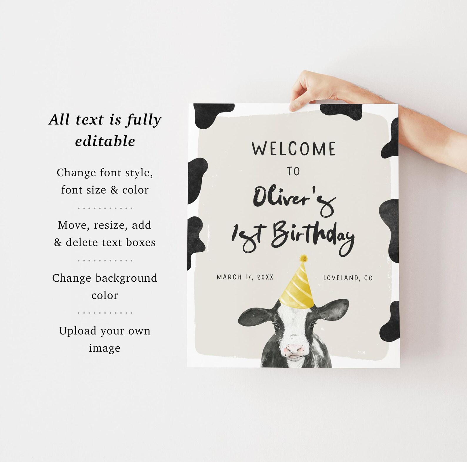 Cow Birthday Welcome Sign, Editable Neutral Holy Cow First Birthday ...