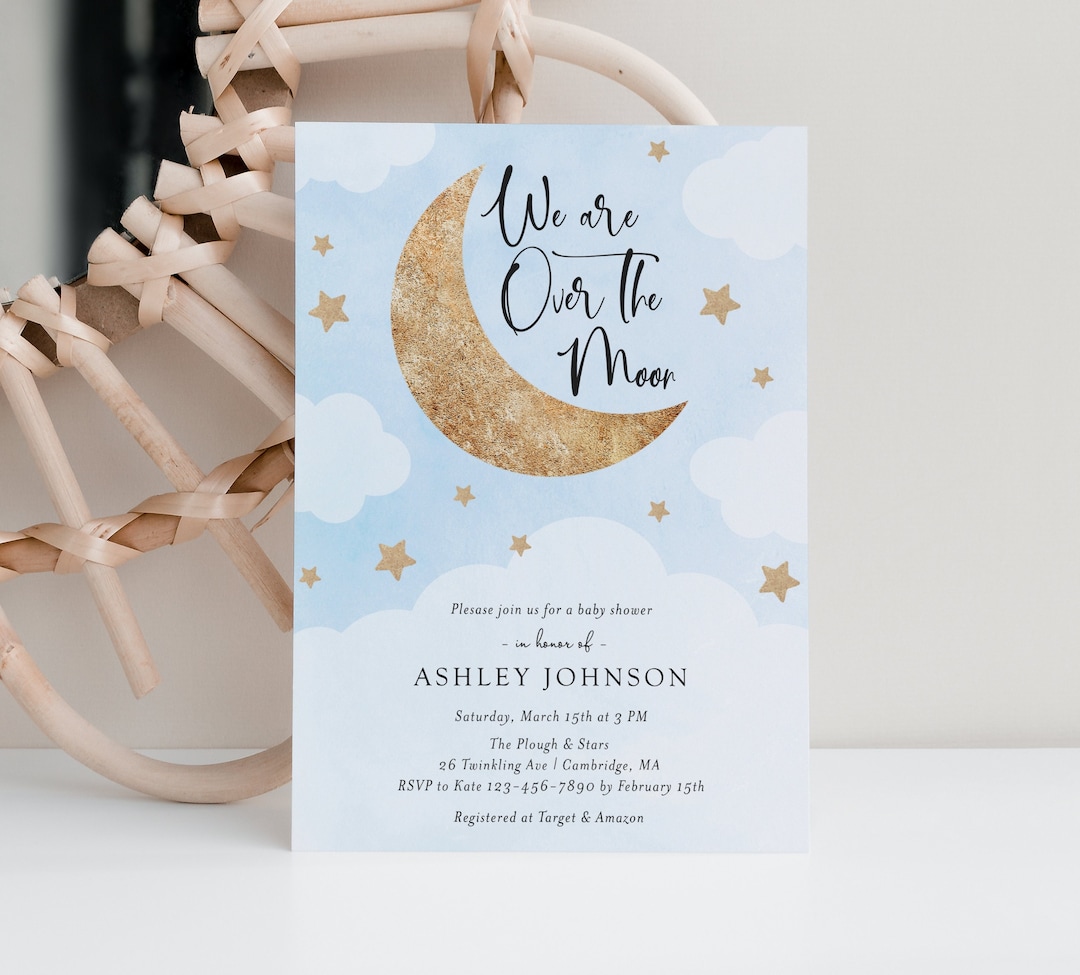 We Are Over the Moon Boy Baby Shower Invitation, Editable Blue Twinkle ...