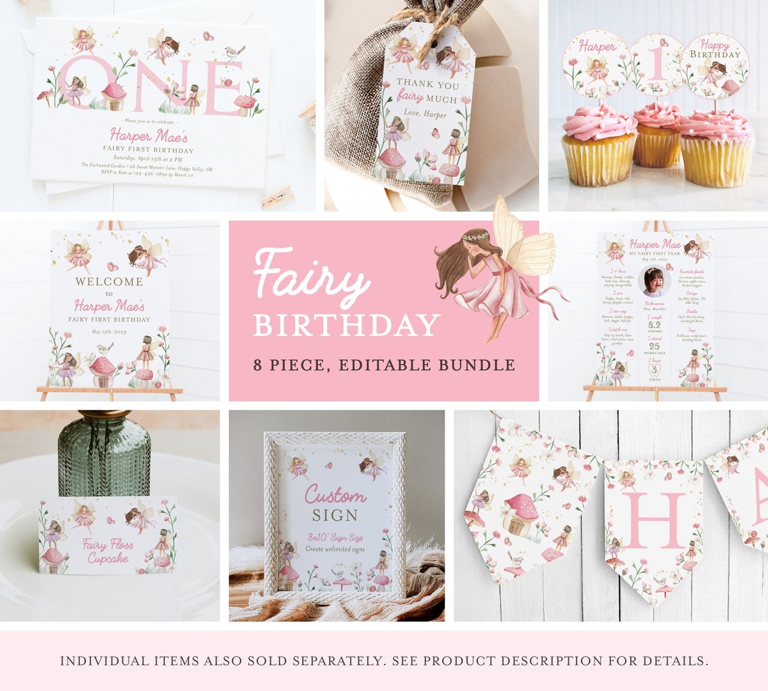 Fairy 1st Birthday Bundle, Editable Magical Girl Fairy Party Suite ...