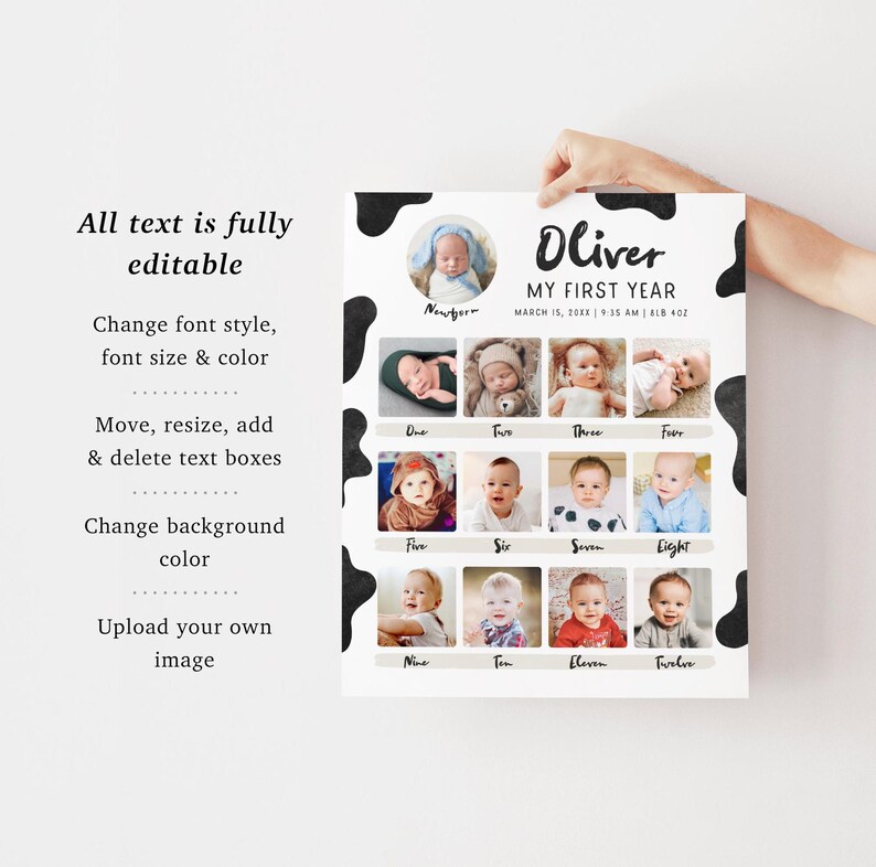 Cow First Birthday Photo Milestone Sign, Editable Cow First Year Baby ...