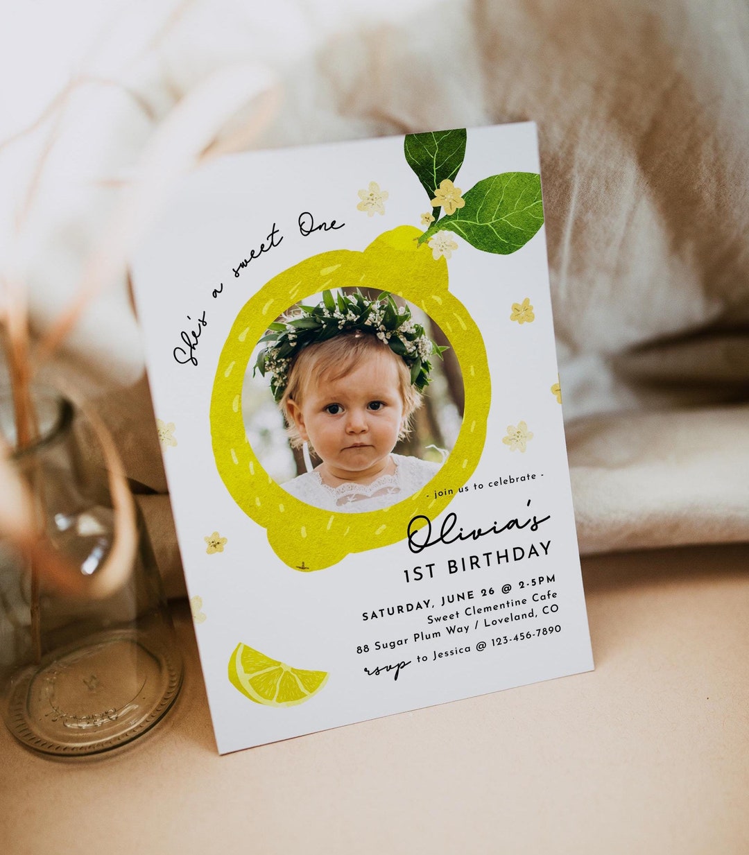 Lemon First Birthday Invitation, Editable Girl Lemonade Sunshine Pic ...