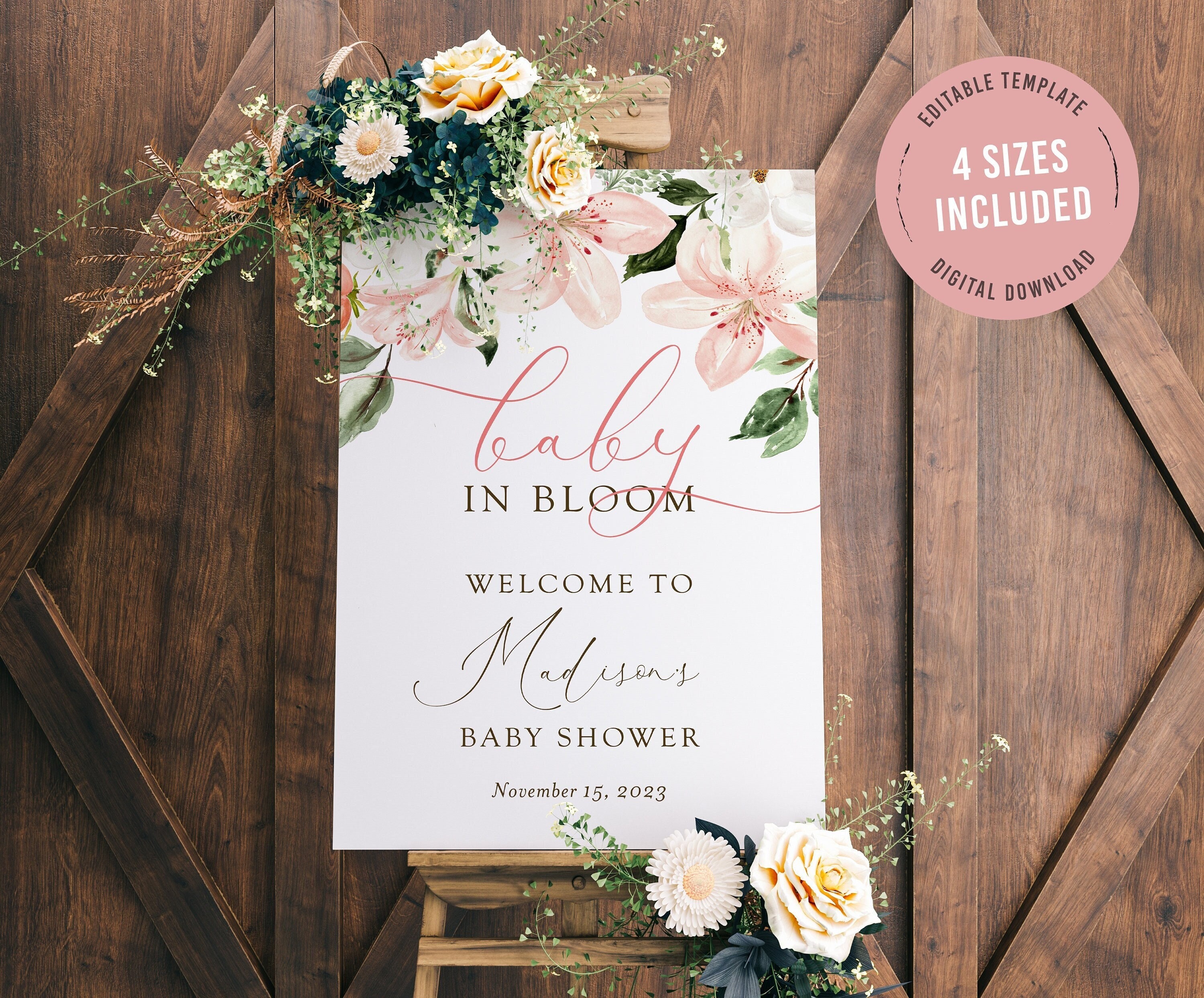 Lilies and Roses Baby in Bloom Baby Shower Welcome Sign Template ...